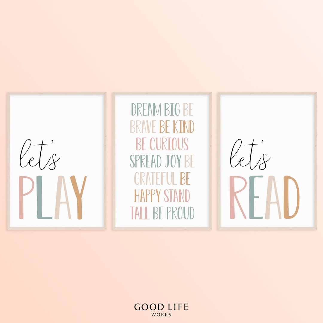 Playroom Wall Art Set of 3 Prints, Boho Kids Room Decor, Let’s Play Let ...