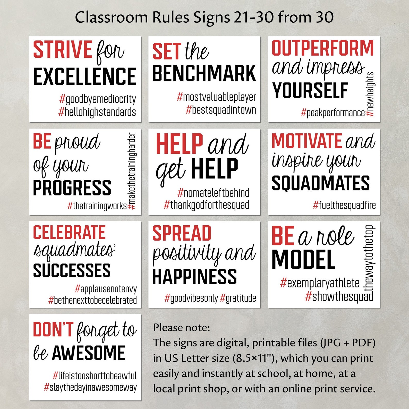 30 Classroom Bulletin Board Hashtag Signs/posters, Red Middle High ...