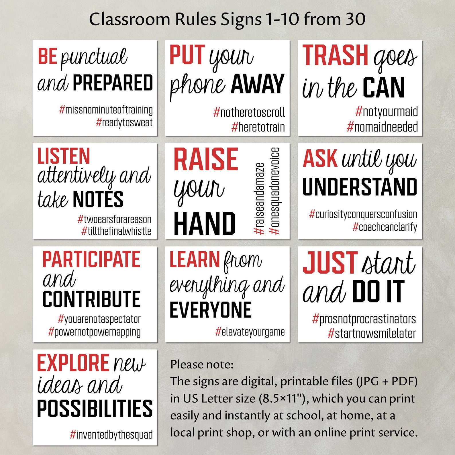 30 Classroom Bulletin Board Hashtag Signs/posters, Red Middle High ...