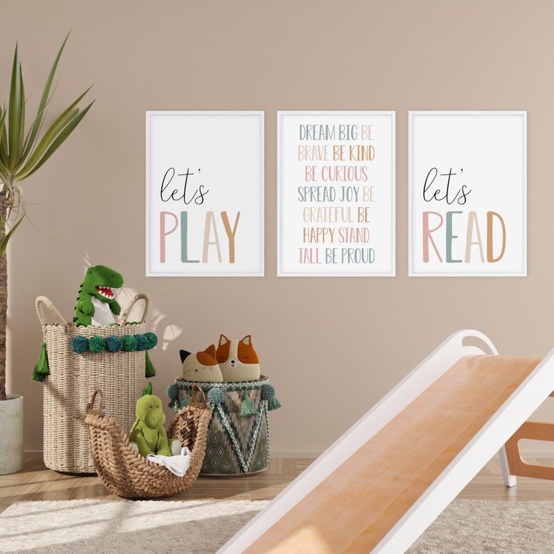 Playroom Wall Art Set of 3 Prints, Boho Kids Room Decor, Let’s Play Let ...
