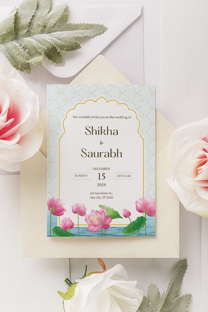 Customized Wedding Invitation Card With Indian Art, Lotus Flower in ...
