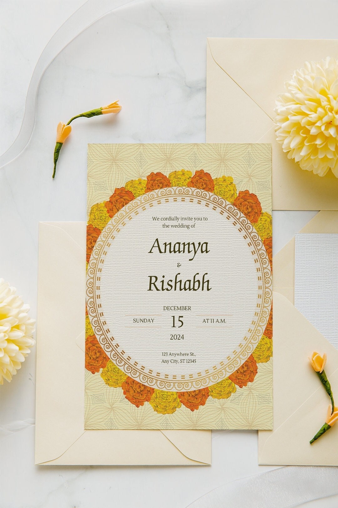 Marigold Flowers Charming Indian Wedding Invitation Card, Editable ...