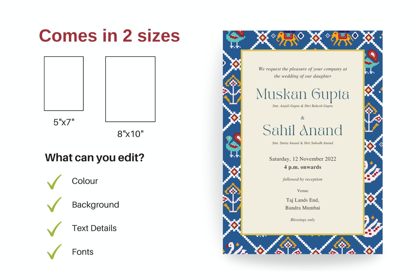 Indian Wedding Invitation, Traditional Patola Pattern Inspired Editable ...