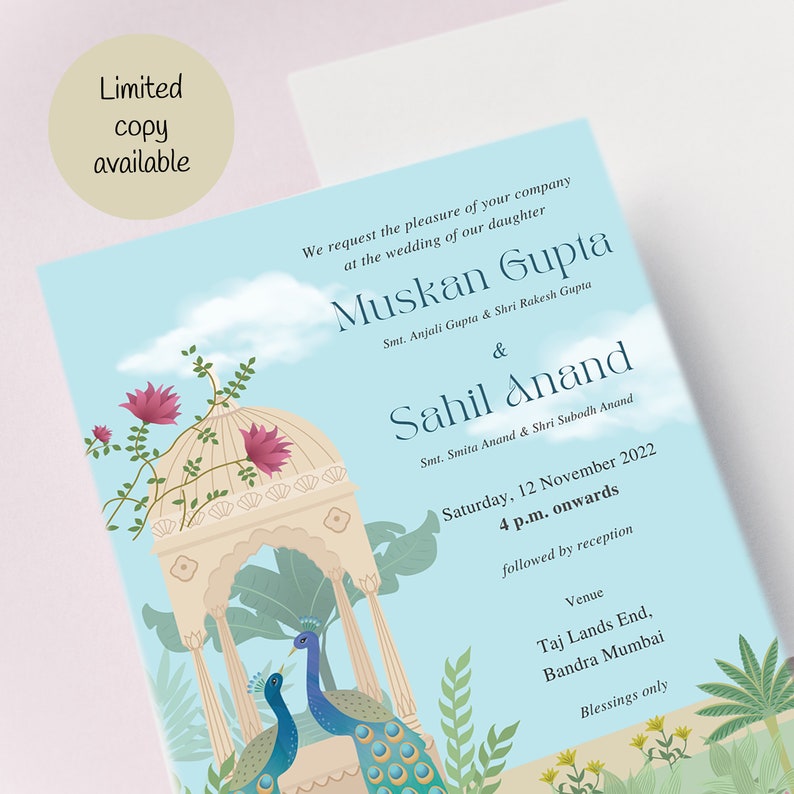 Peacock Garden Indian Wedding Invitation | Hand-illustrated Digital ...