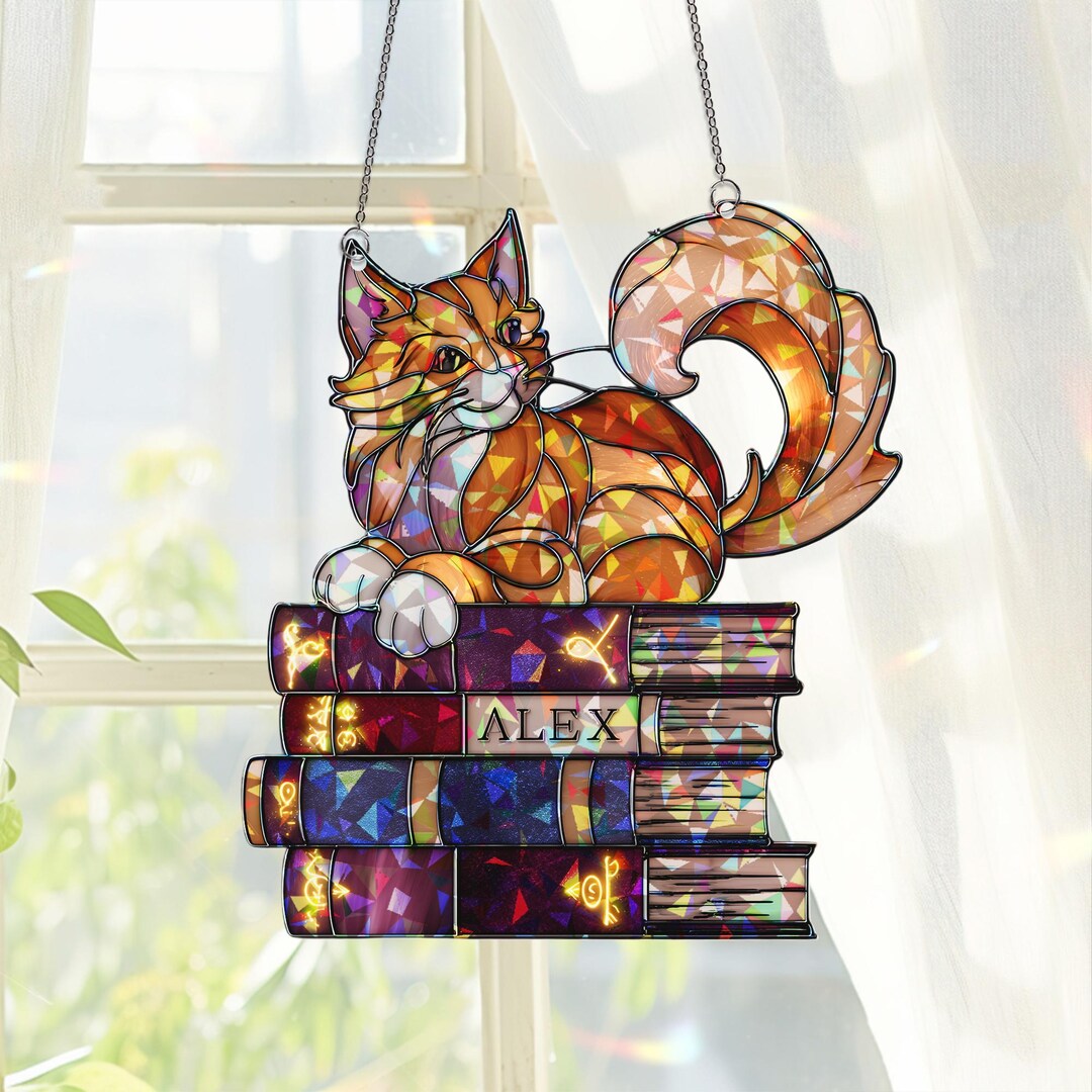 Personalized Cat Book Suncatcher Ornament, Custom Reading Cat Acrylic ...