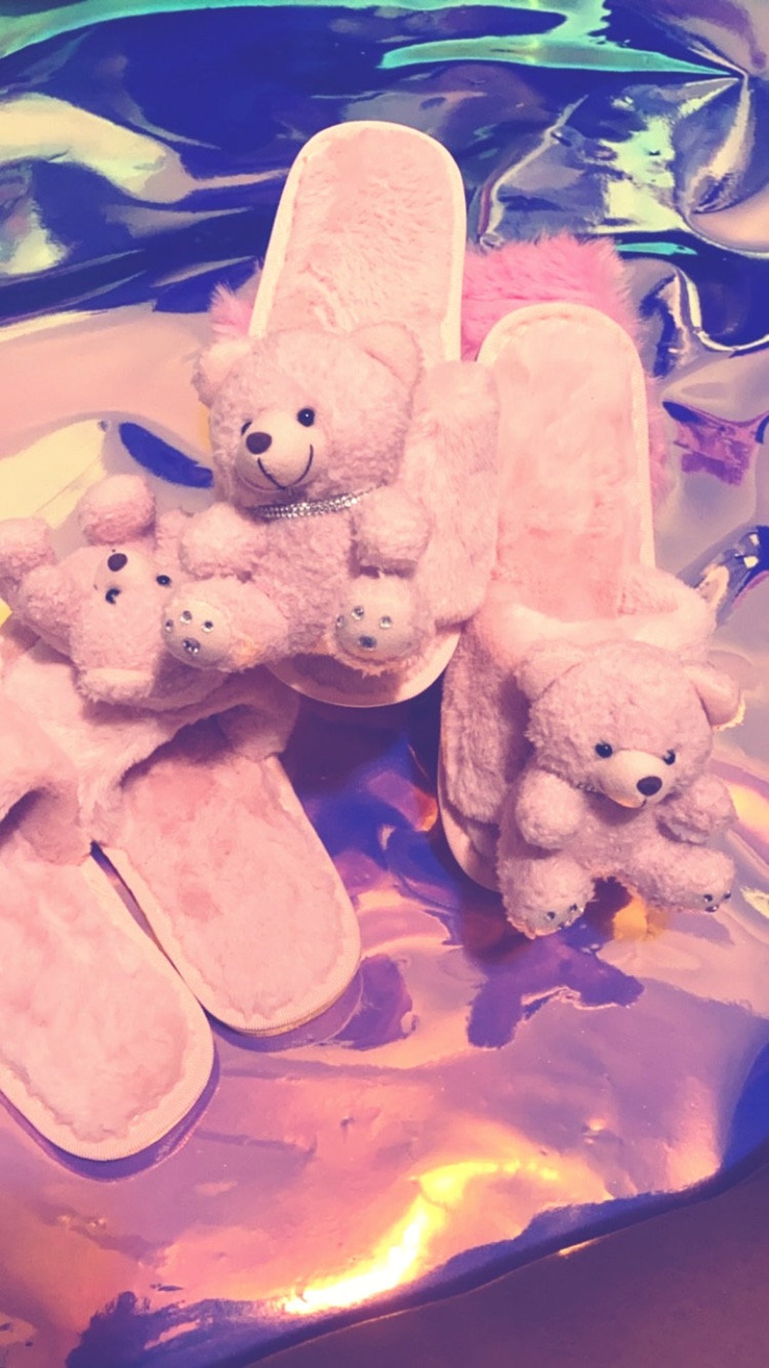 Pink Furry Teddy Bear Slippers Pink Fur Slides Bling - Etsy