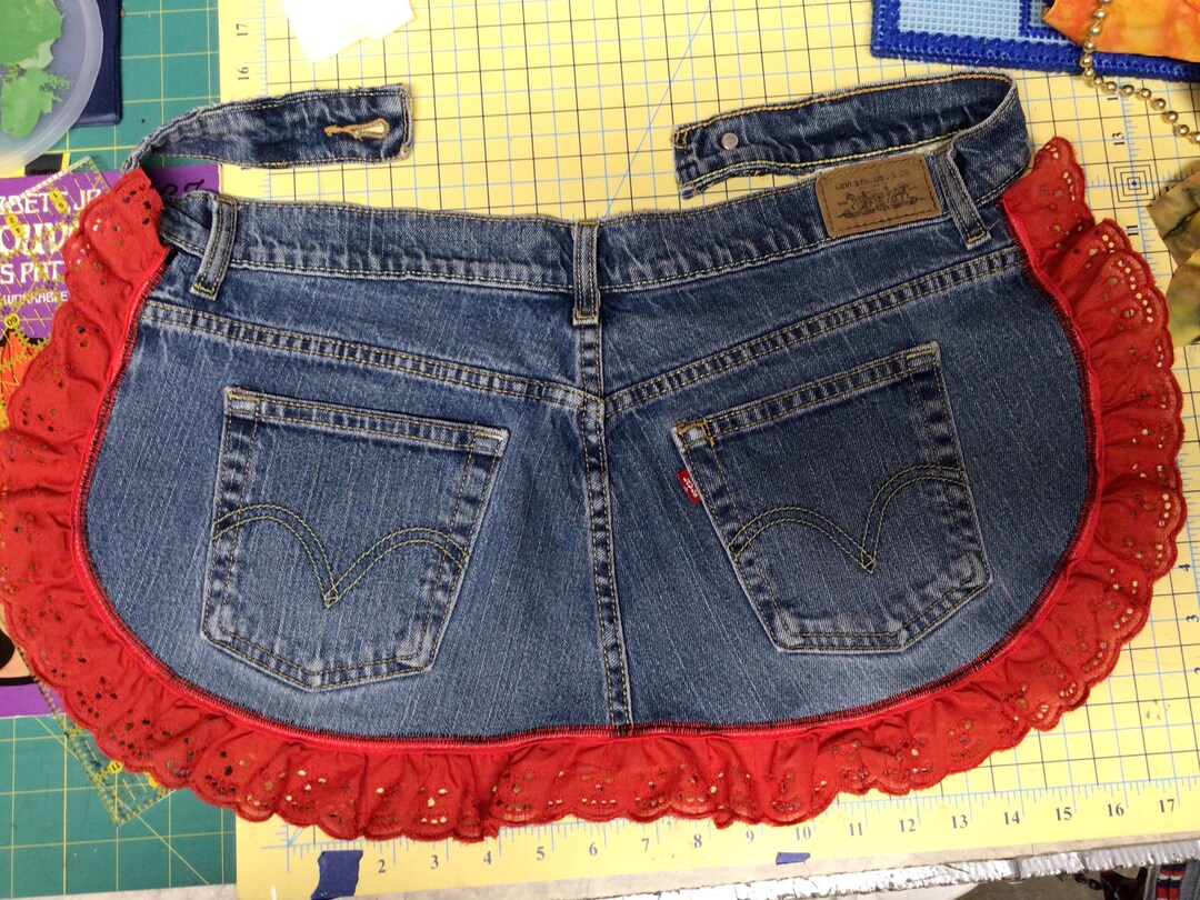 Apron Upcycle Denim 34” Red Lace Trim Free Ship - Etsy