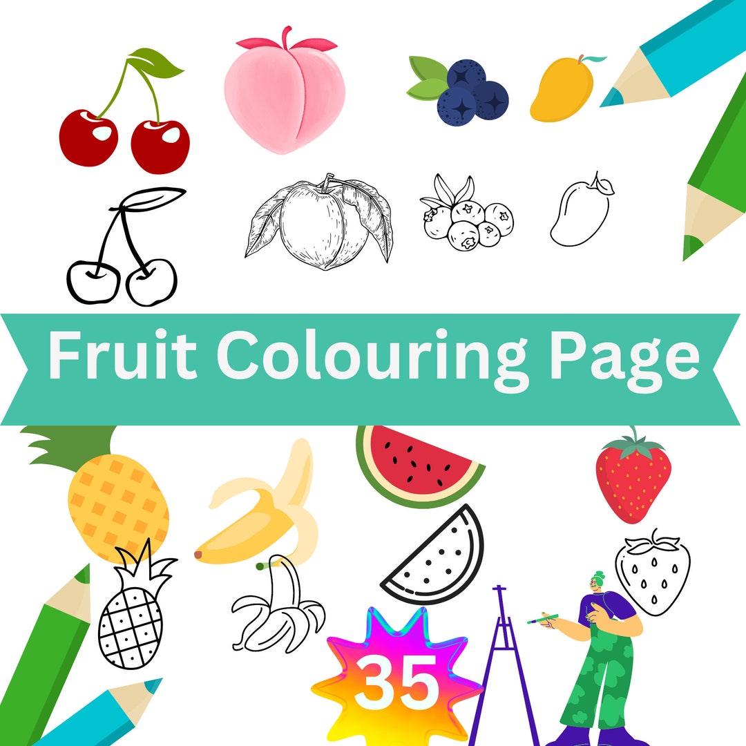 35 Fruit Love Coloring Page, Adults Kids Instant Download Grayscale ...