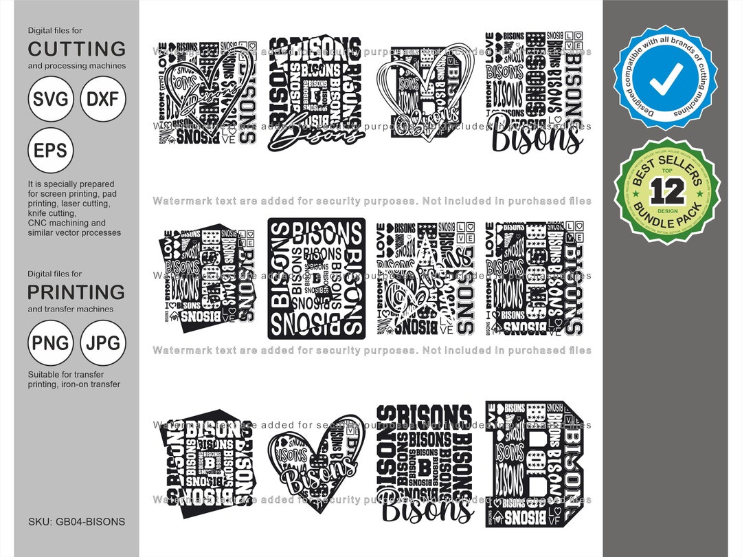 Bisons Svg, Bison 12 Typography Svg Mascot Designs Pack, Bisons ...