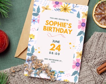 Easy-editable Blue Floral Birthday Card Canva Template+ FREE Additional ...