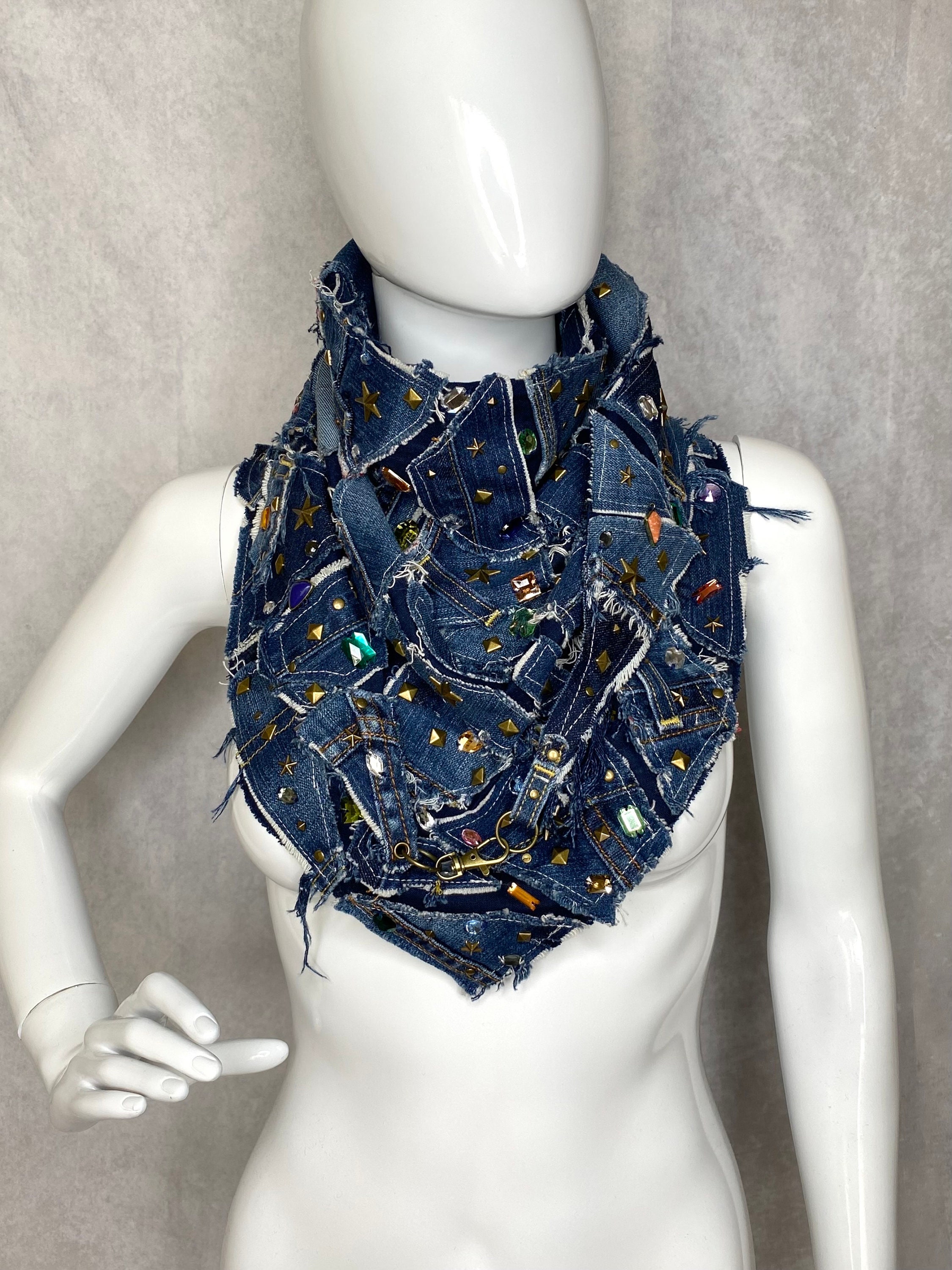 Navy Blue Denim Ripped Scarf With Colorful Crystals, Couture, Unique ...