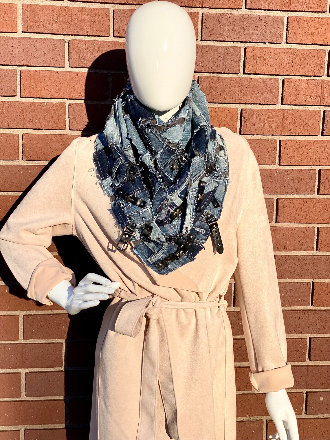 Navy Blue Denim Ripped Damaged Scarf With Leather Elements, Apocalyptic ...