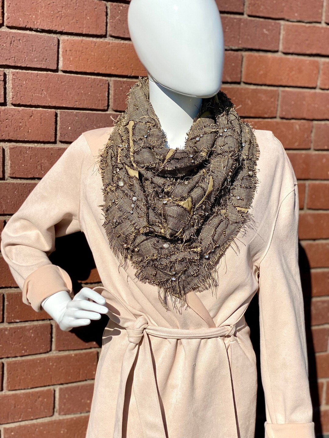 Olive Green Linen Ripped Scarf With Crystals, Exclusive Design, Unisex ...