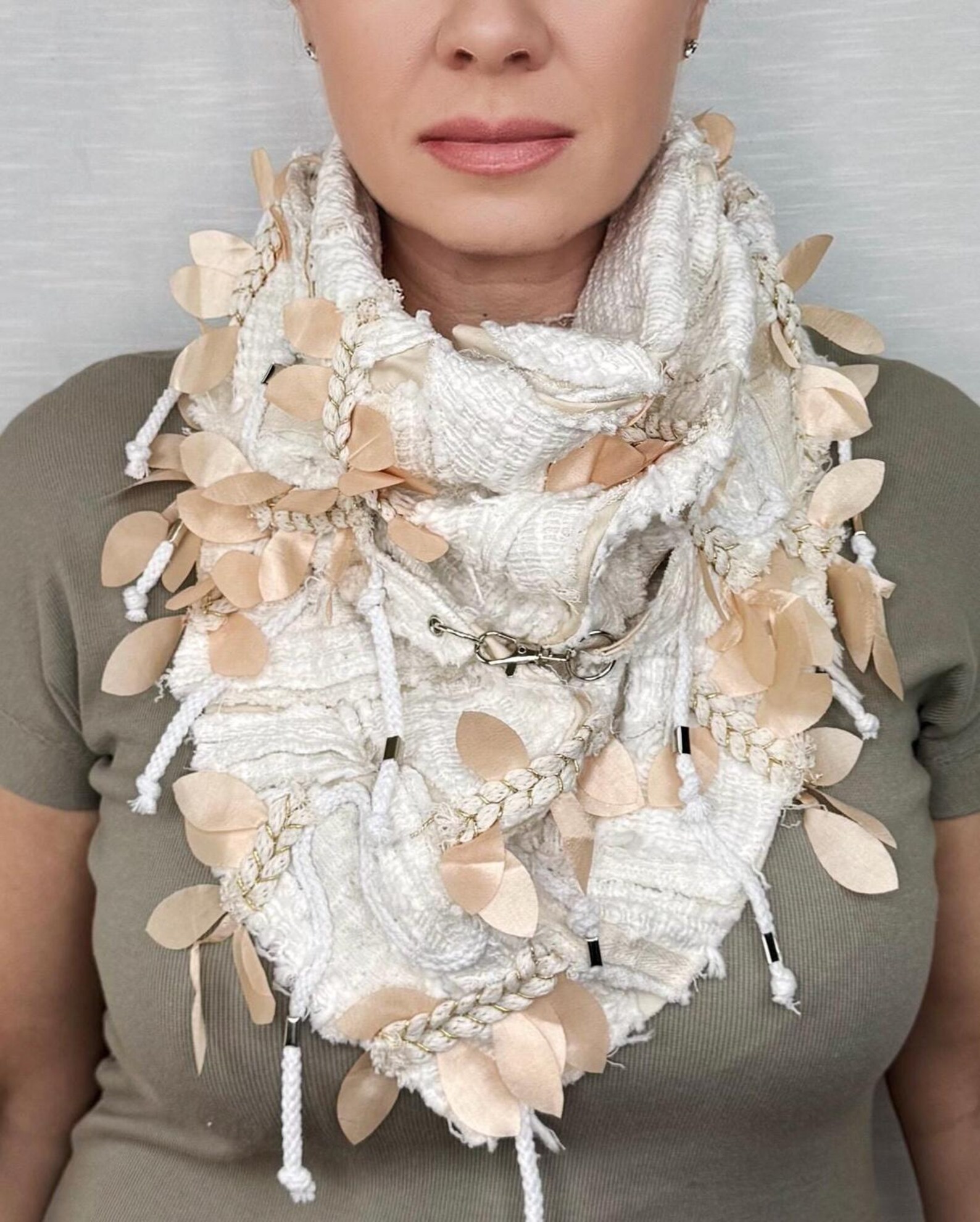 Light Beige Knitted Ripped Scarf, Distressed, Tattered Scarf, Inside ...