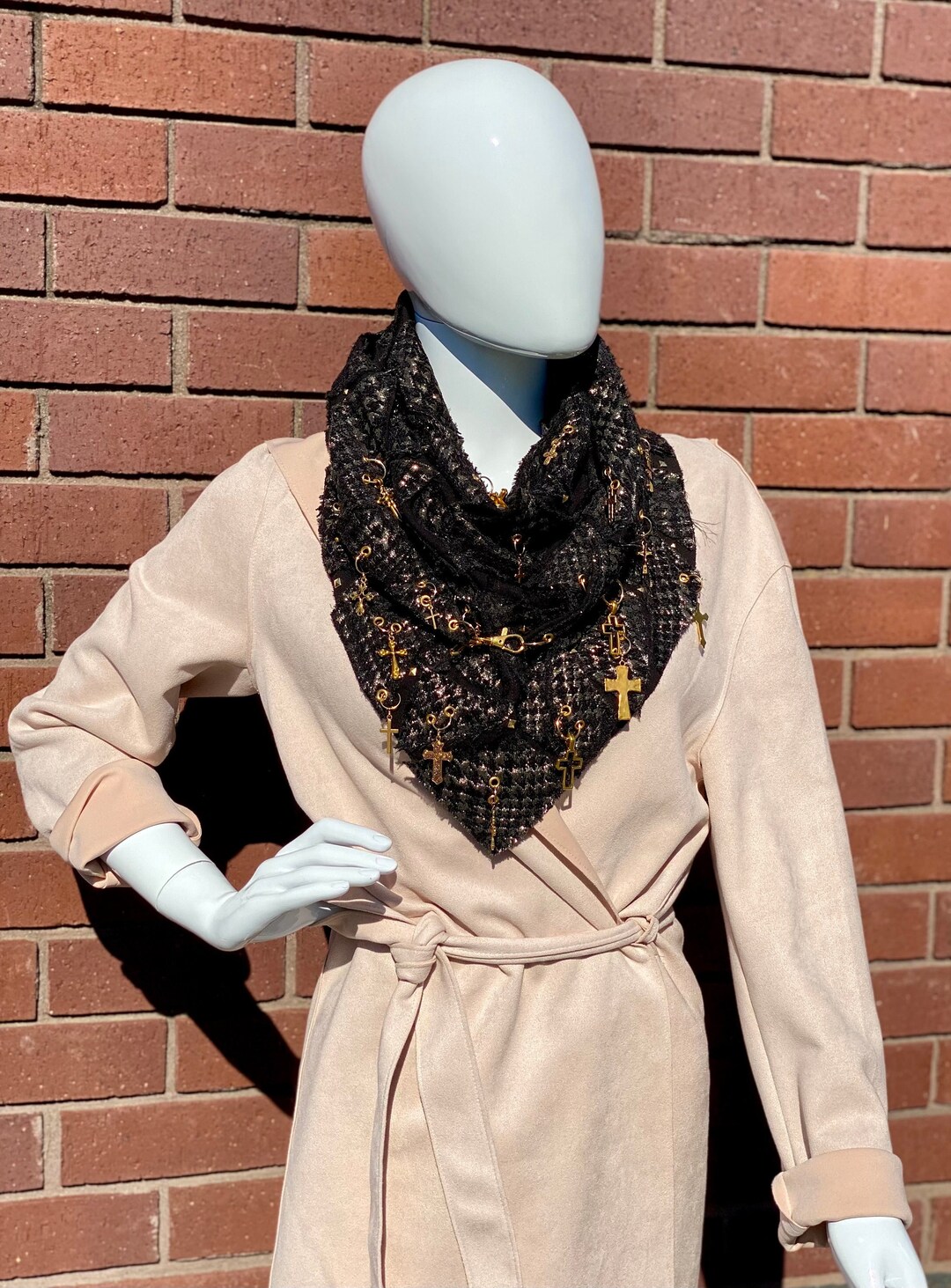 Black Golden Ripped Scarf With Golden Crosses, Exclusive Design Scarf ...