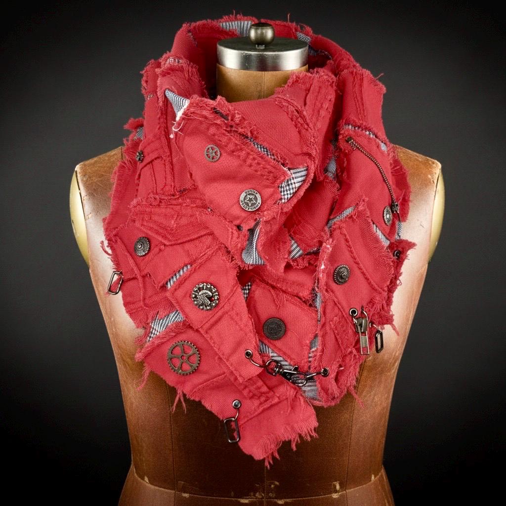 Red Ripped Denim Scarf: Punk Rock Avantgarde Burning Man Accessory - Etsy