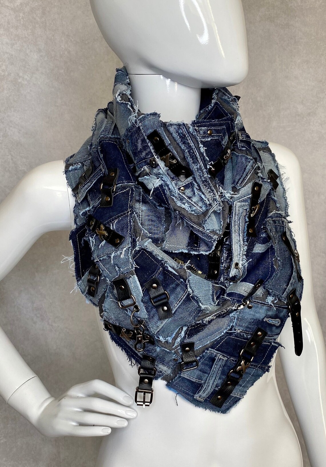 Navy Blue Denim Ripped Damaged Scarf With Leather Elements, Apocalyptic ...