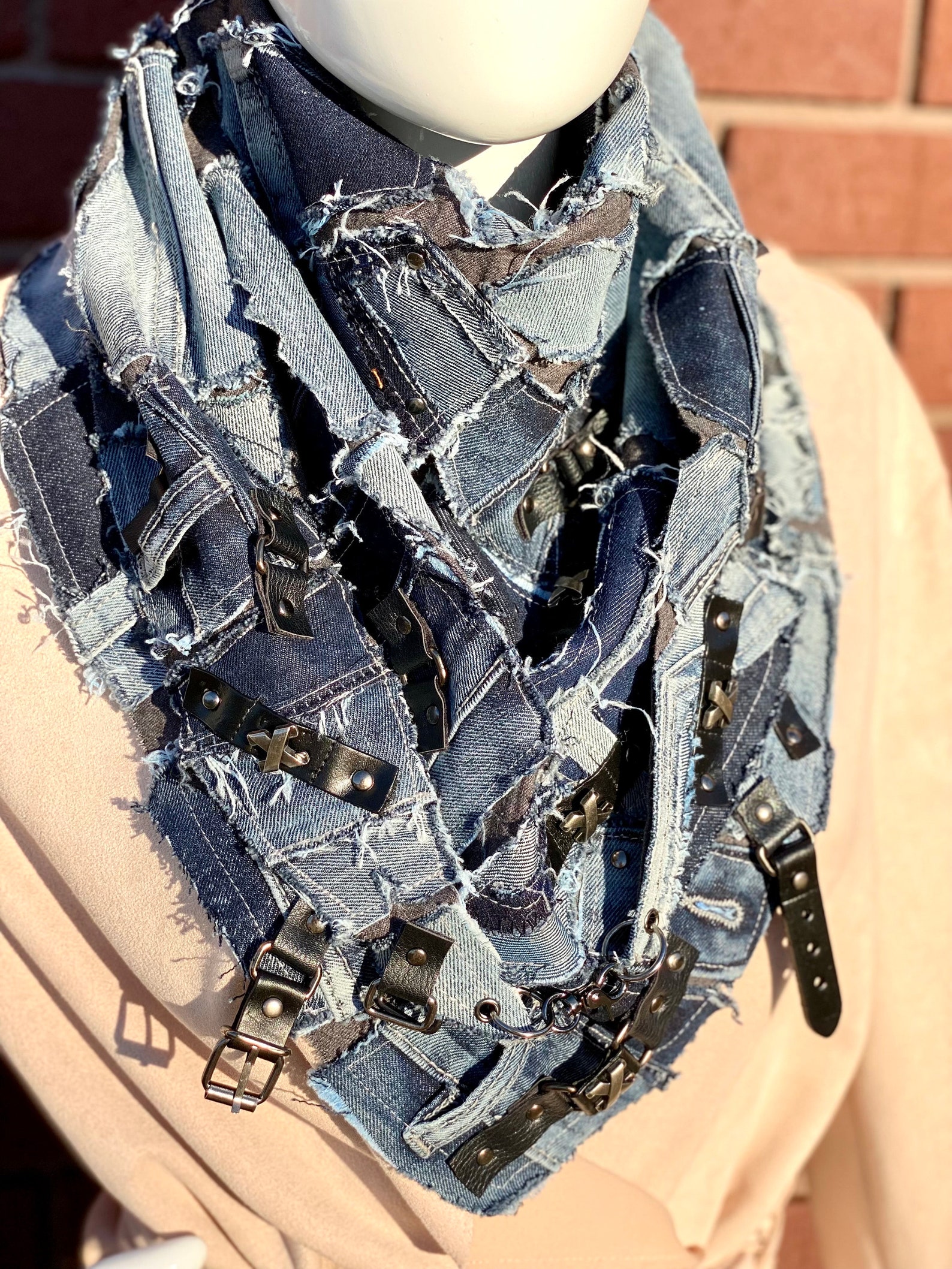 Navy Blue Denim Ripped Damaged Scarf With Leather Elements, Apocalyptic ...