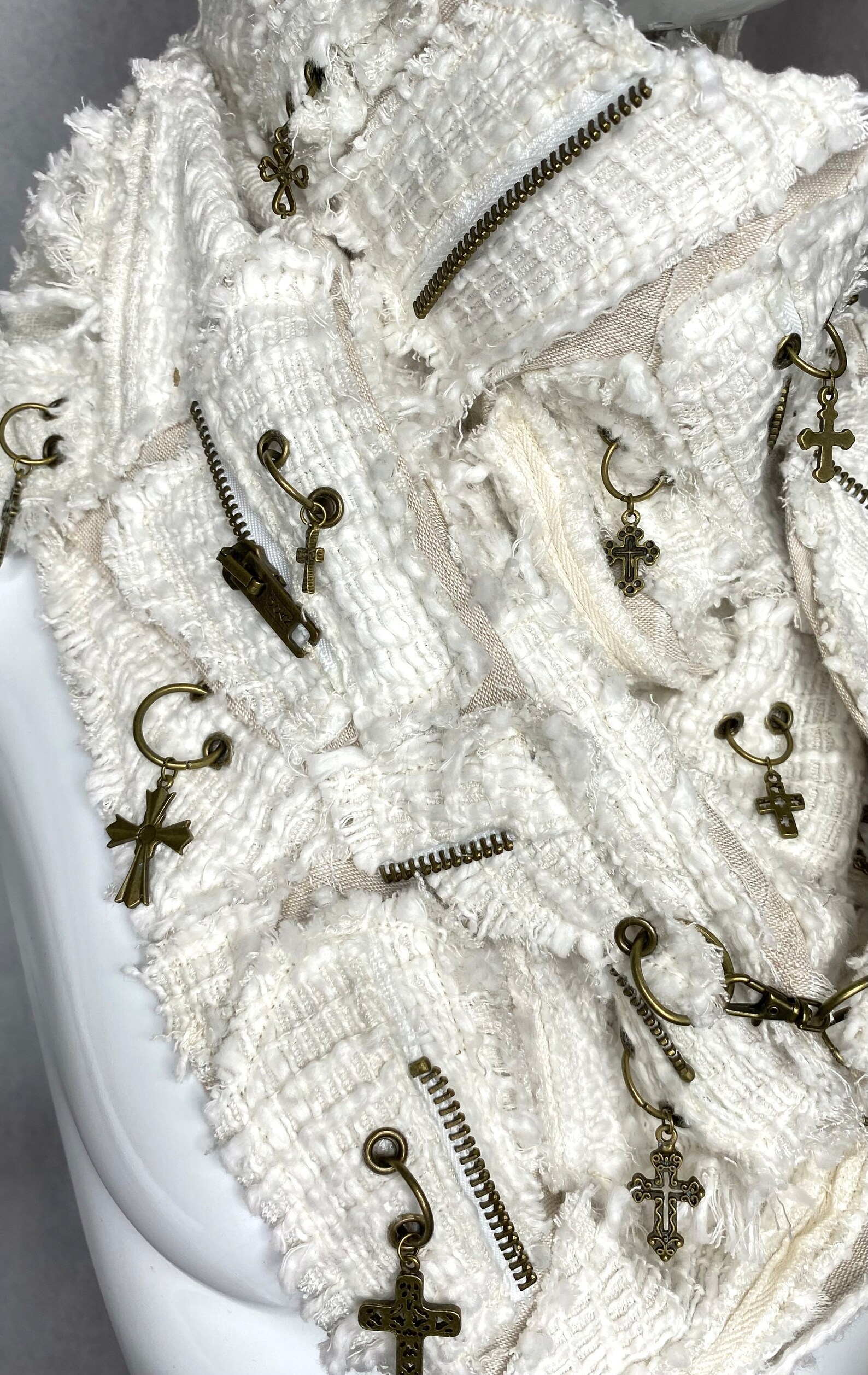 Light Beige Knitted Ripped Scarf With Bronze Crosses, Exclusive Design ...