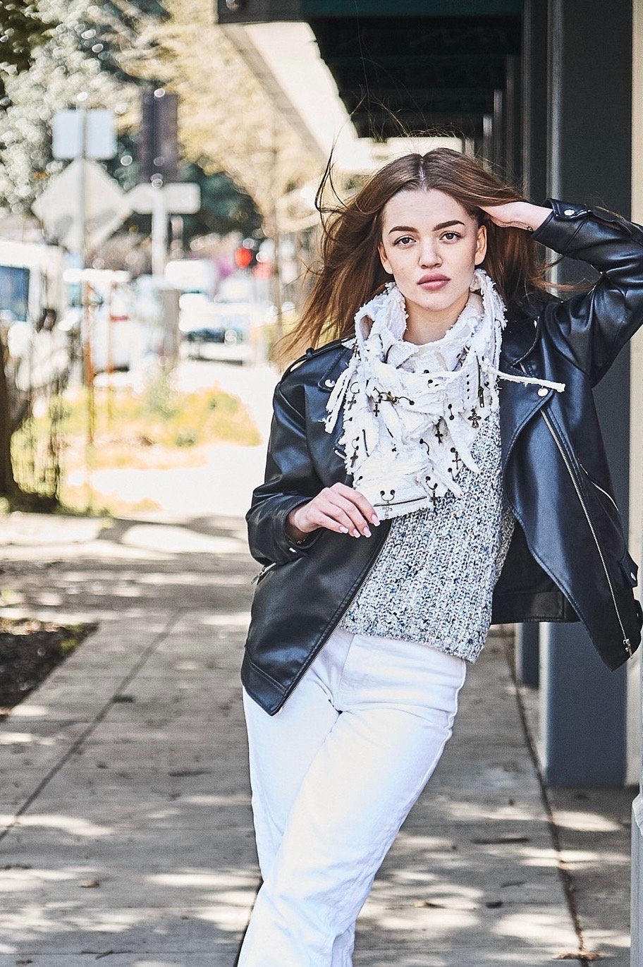 Light Beige Knitted Ripped Scarf With Bronze Crosses, Exclusive Design ...