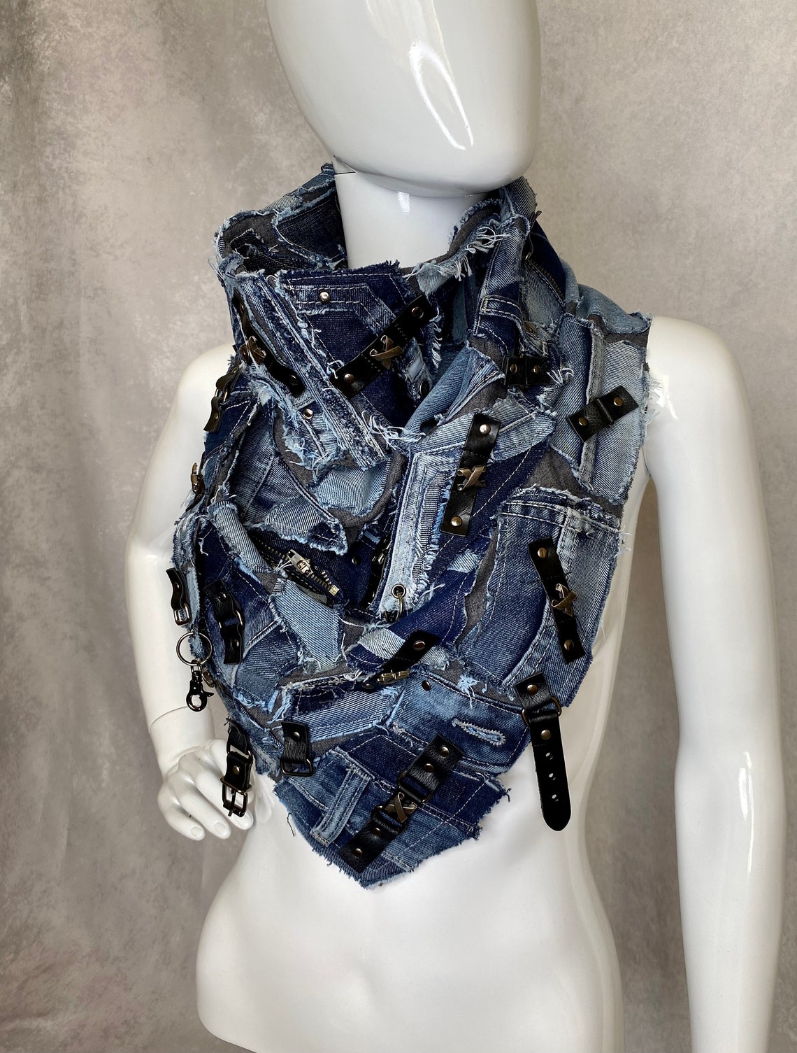Navy Blue Denim Ripped Damaged Scarf With Leather Elements, Apocalyptic ...