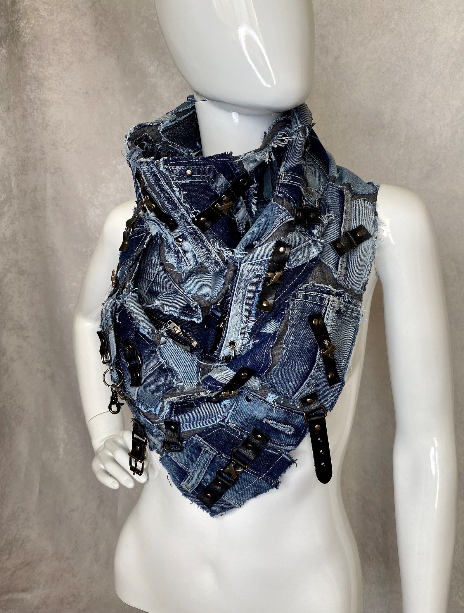 Navy Blue Denim Ripped Damaged Scarf With Leather Elements, Apocalyptic ...