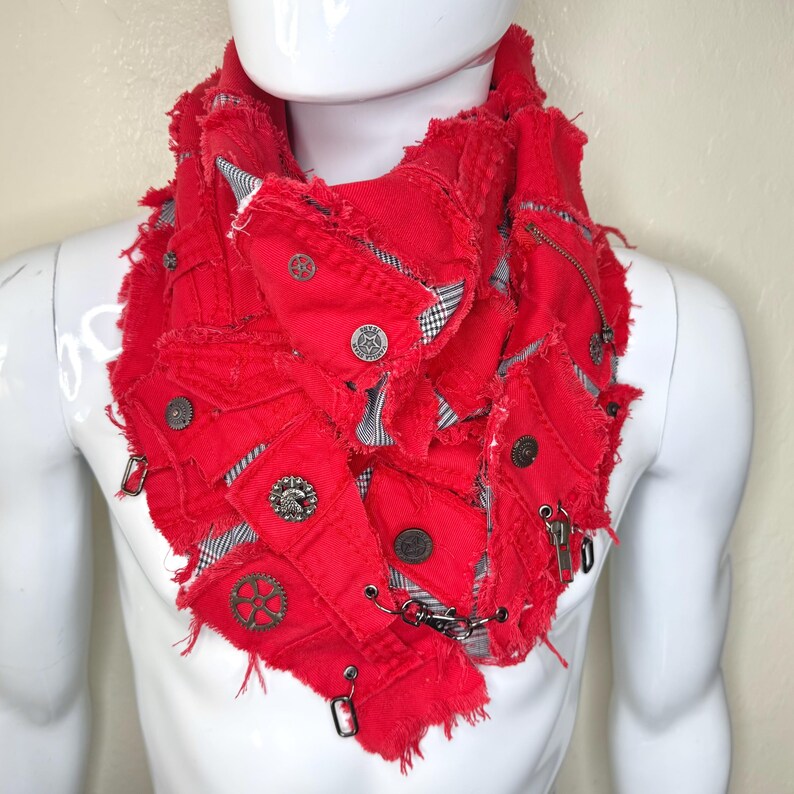 Red Ripped Denim Scarf: Punk Rock Avantgarde Burning Man Accessory - Etsy