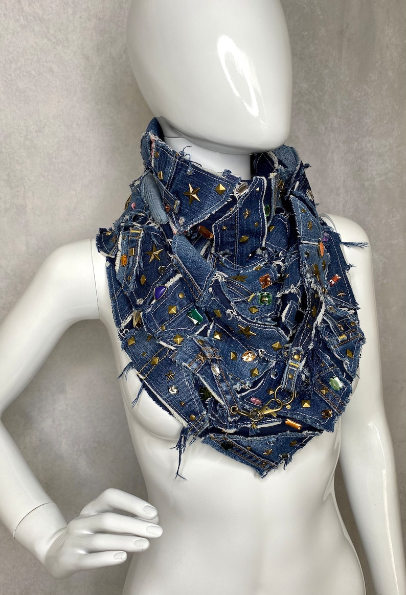 Navy Blue Denim Ripped Scarf With Colorful Crystals, Couture, Unique ...