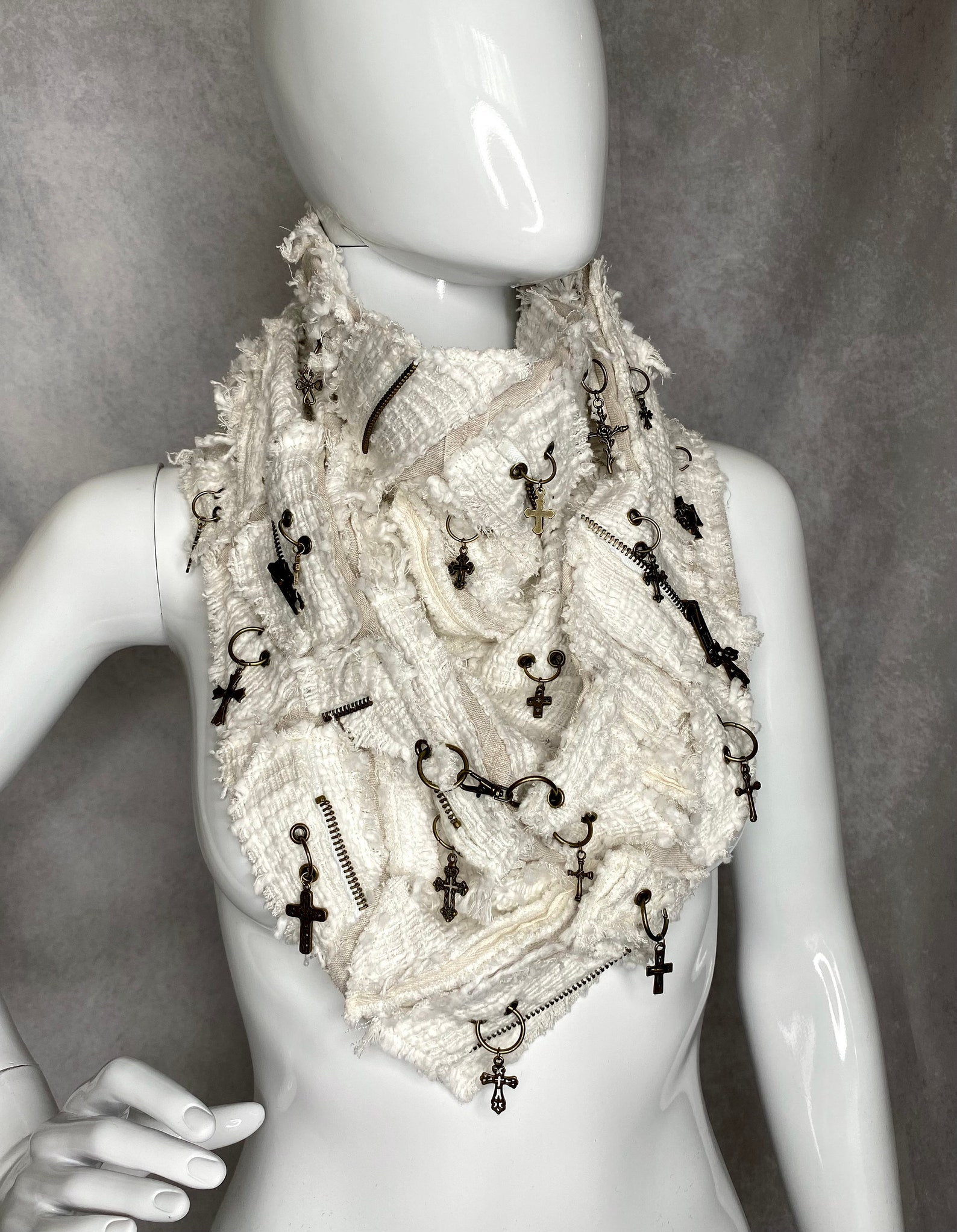 Light Beige Knitted Ripped Scarf With Bronze Crosses, Exclusive Design ...