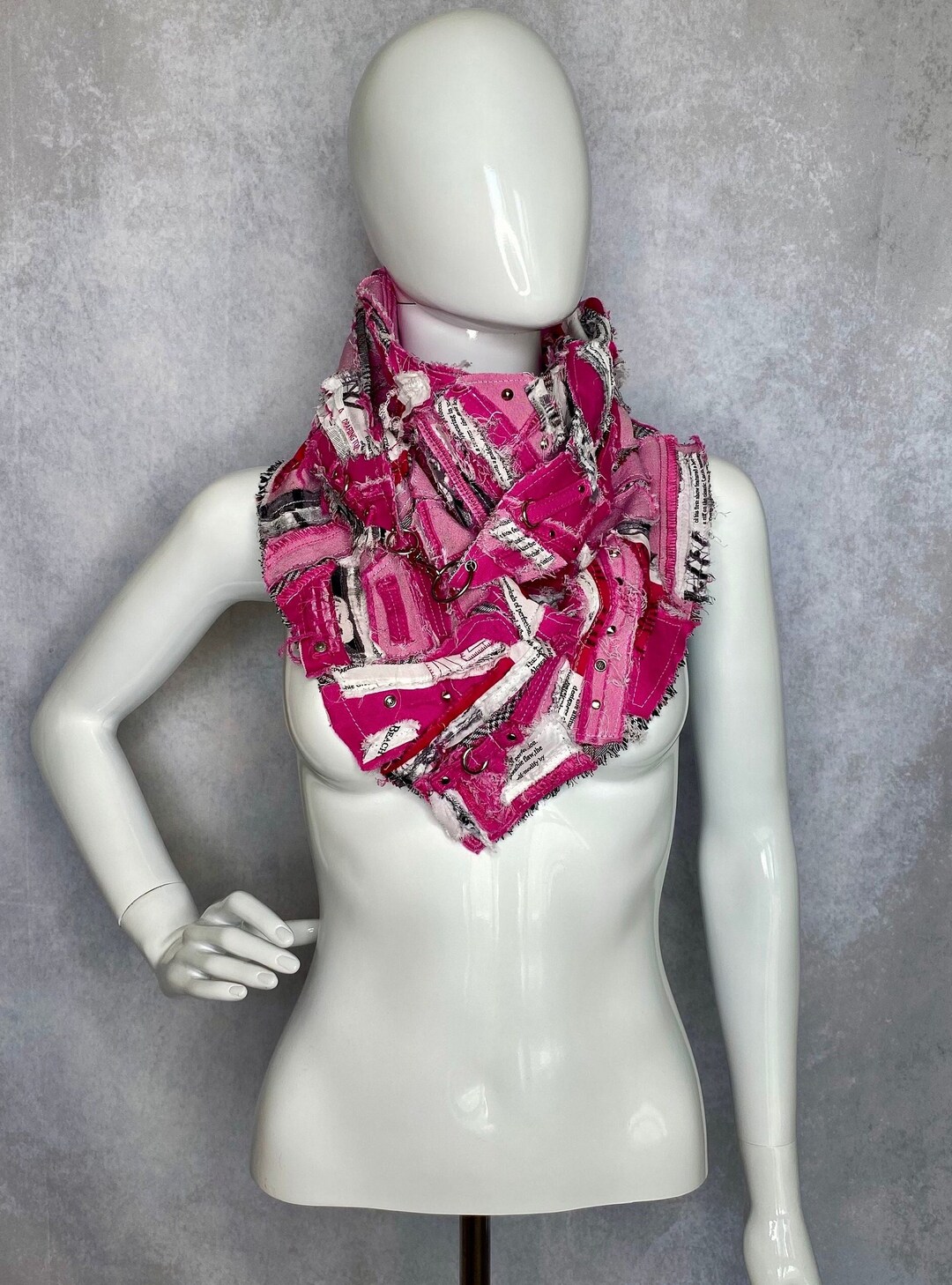 Pink Ripped Scarf, Fuchsia Damaged Denim Scarf, Reworked Jeans, Unique ...