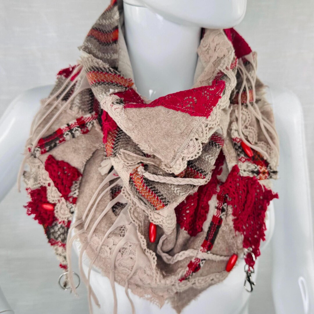 Boho Scarf, Beige Red Scarf With Lace, Exclusive Design, Unique Scarf ...