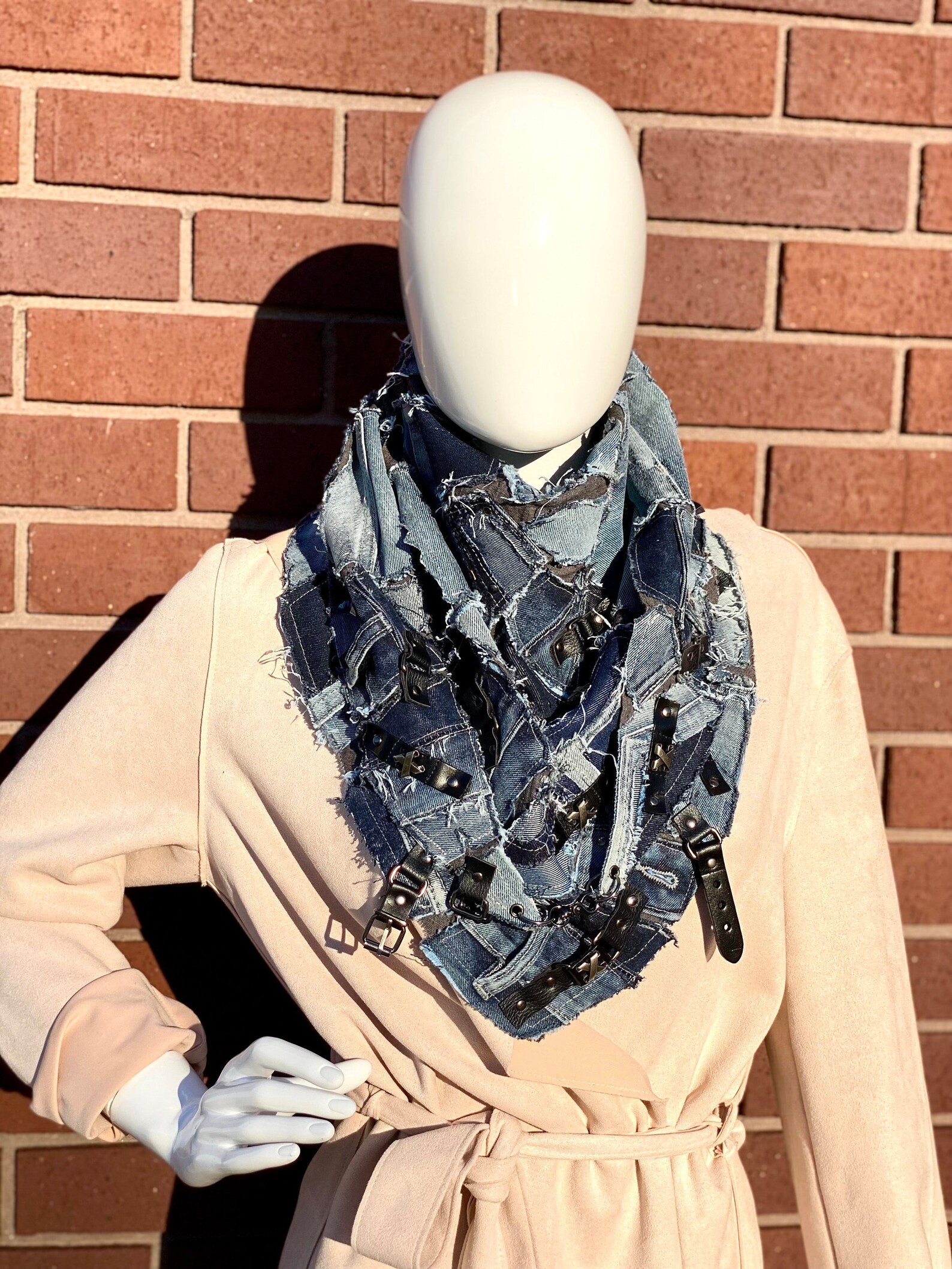 Navy Blue Denim Ripped Damaged Scarf With Leather Elements, Apocalyptic ...