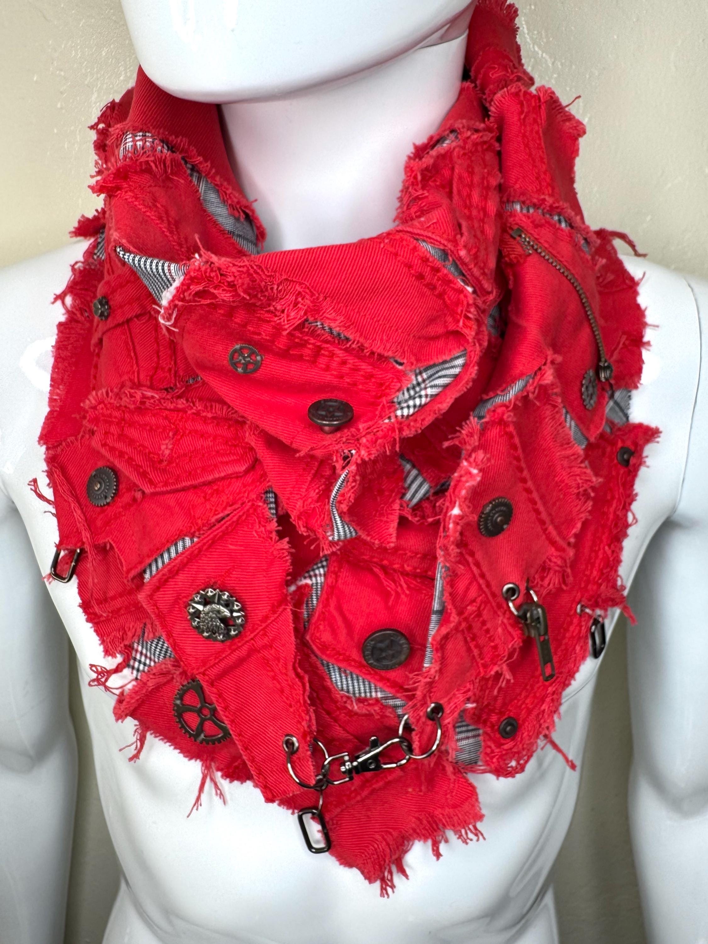 Red Ripped Denim Scarf: Punk Rock Avantgarde Burning Man Accessory - Etsy