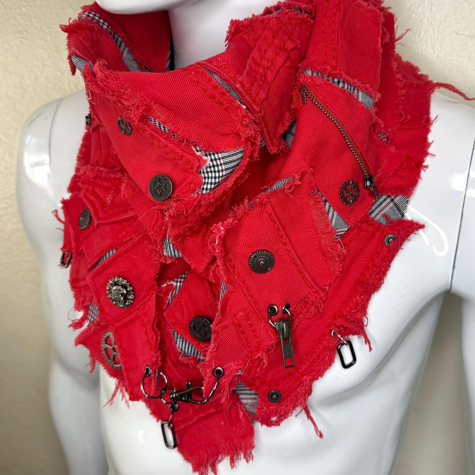 Red Ripped Denim Scarf: Punk Rock Avantgarde Burning Man Accessory - Etsy