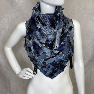 Navy Blue Denim Ripped Damaged Scarf With Leather Elements, Apocalyptic ...