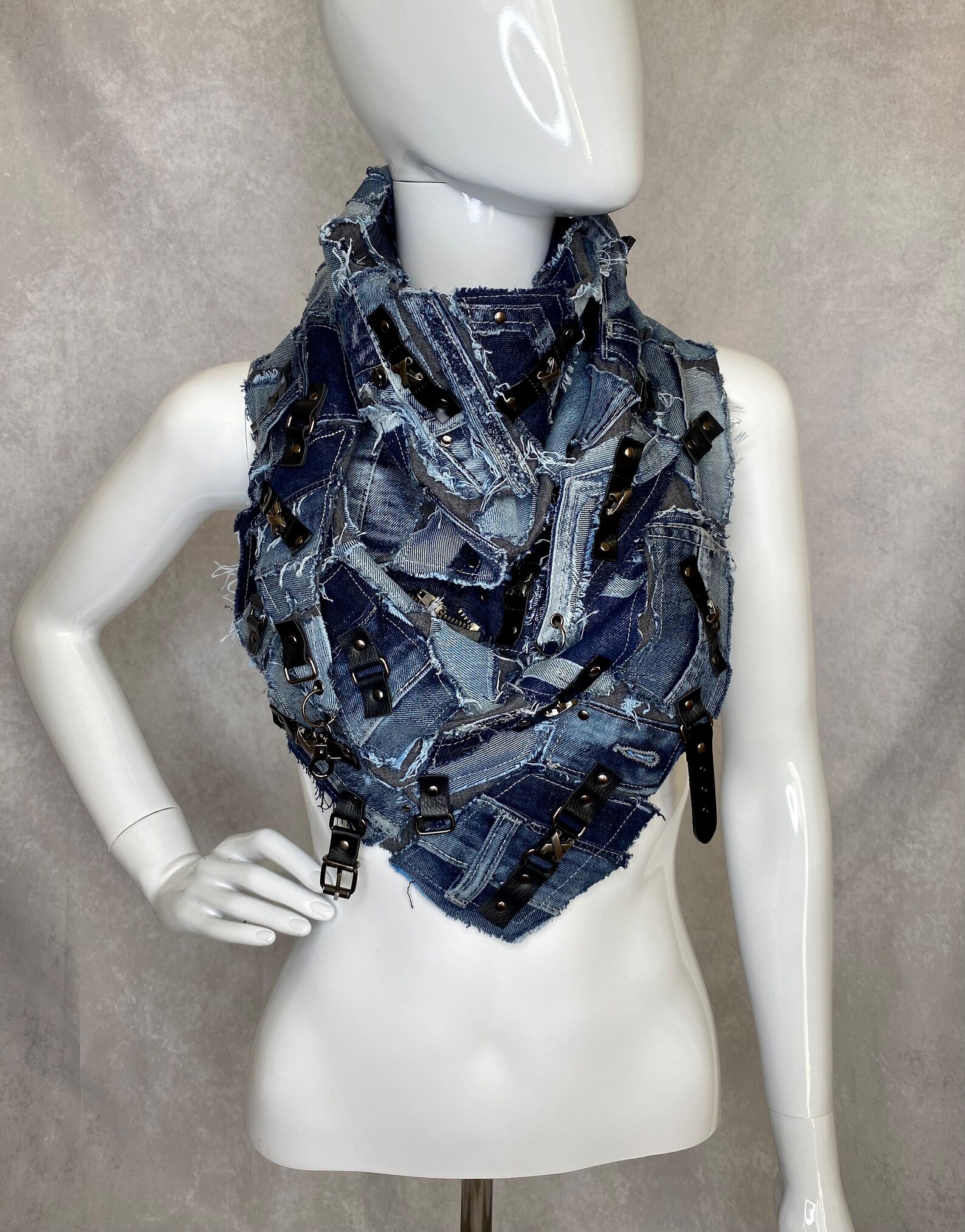 Navy Blue Denim Ripped Damaged Scarf With Leather Elements, Apocalyptic ...