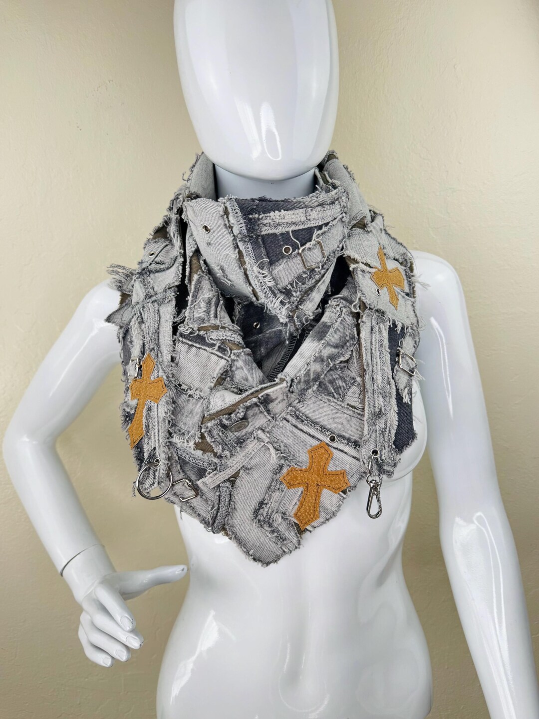 Ripped Scarf, Grey Denim Scarf With Leather Crosses, Punk Scarf for ...