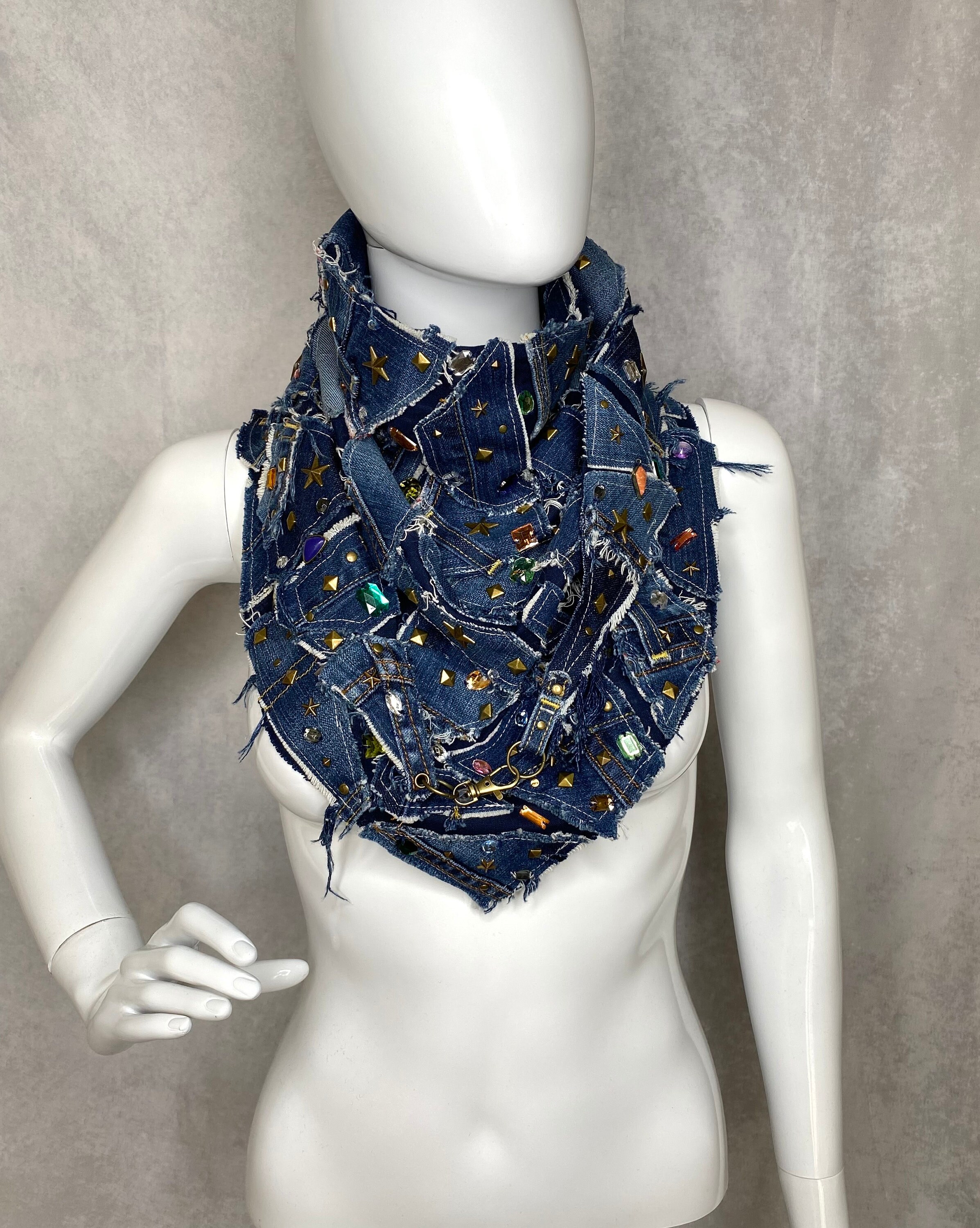 Navy Blue Denim Ripped Scarf With Colorful Crystals, Couture, Unique ...