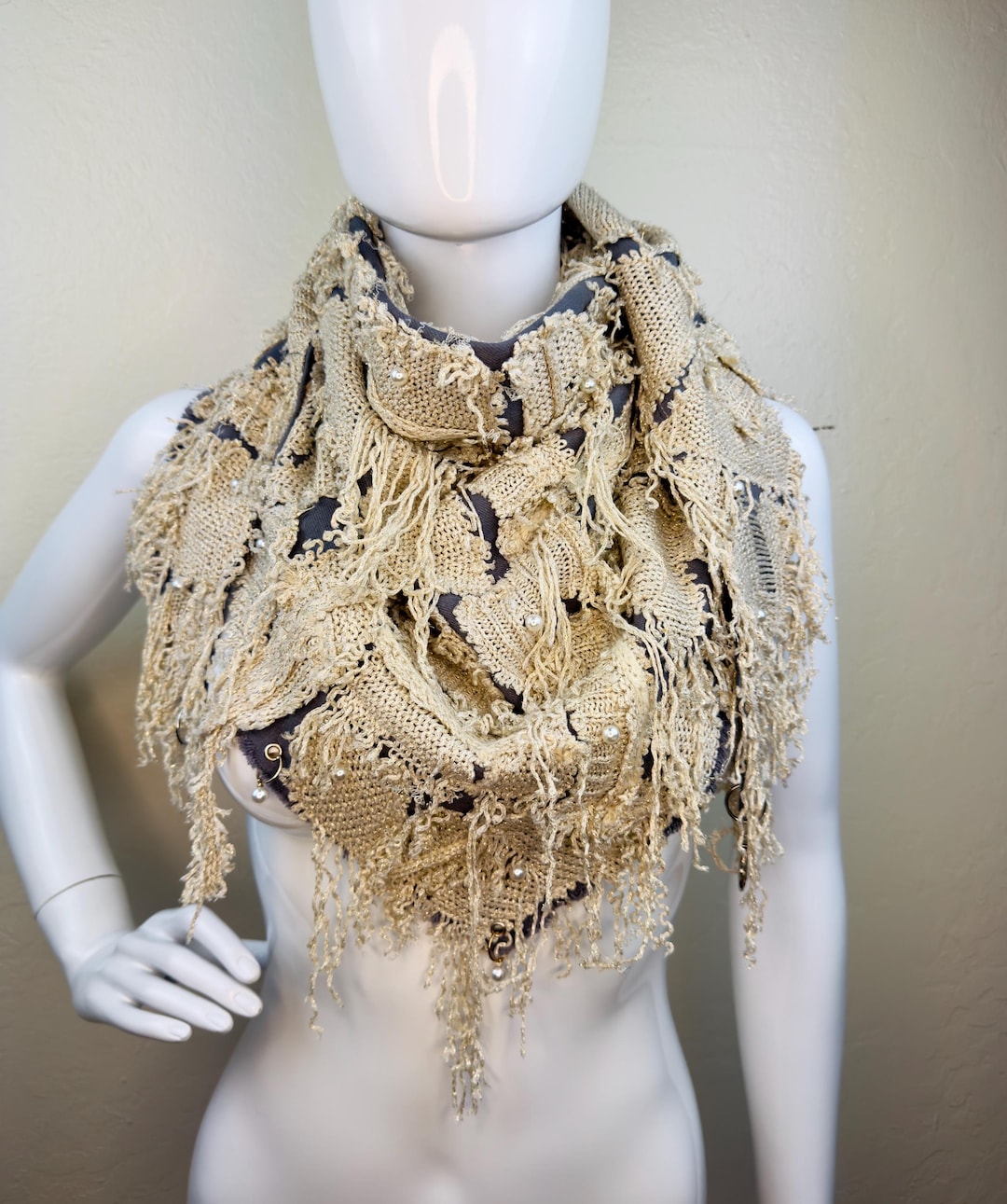 Golden Knitted Scarf, Exclusive Design, Scarf With Pearls, Burning Man ...