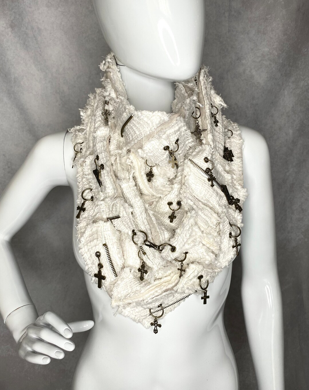 Light Beige Knitted Ripped Scarf With Bronze Crosses, Exclusive Design ...