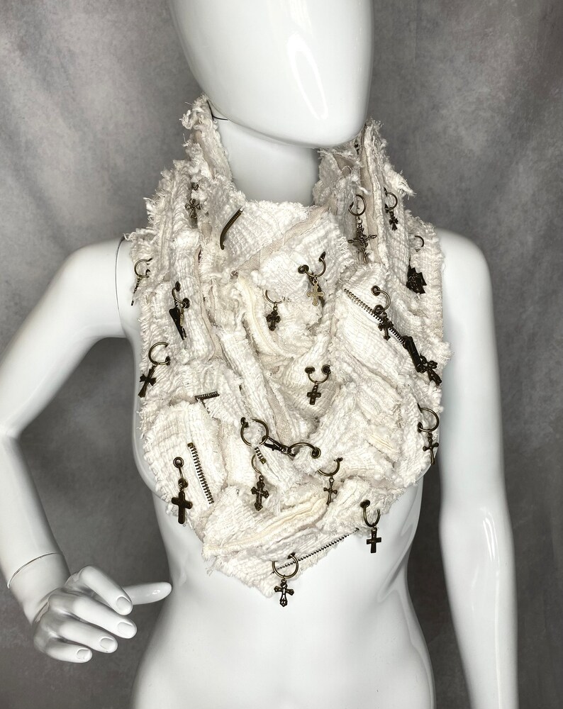 Light Beige Knitted Ripped Scarf With Bronze Crosses, Exclusive Design ...