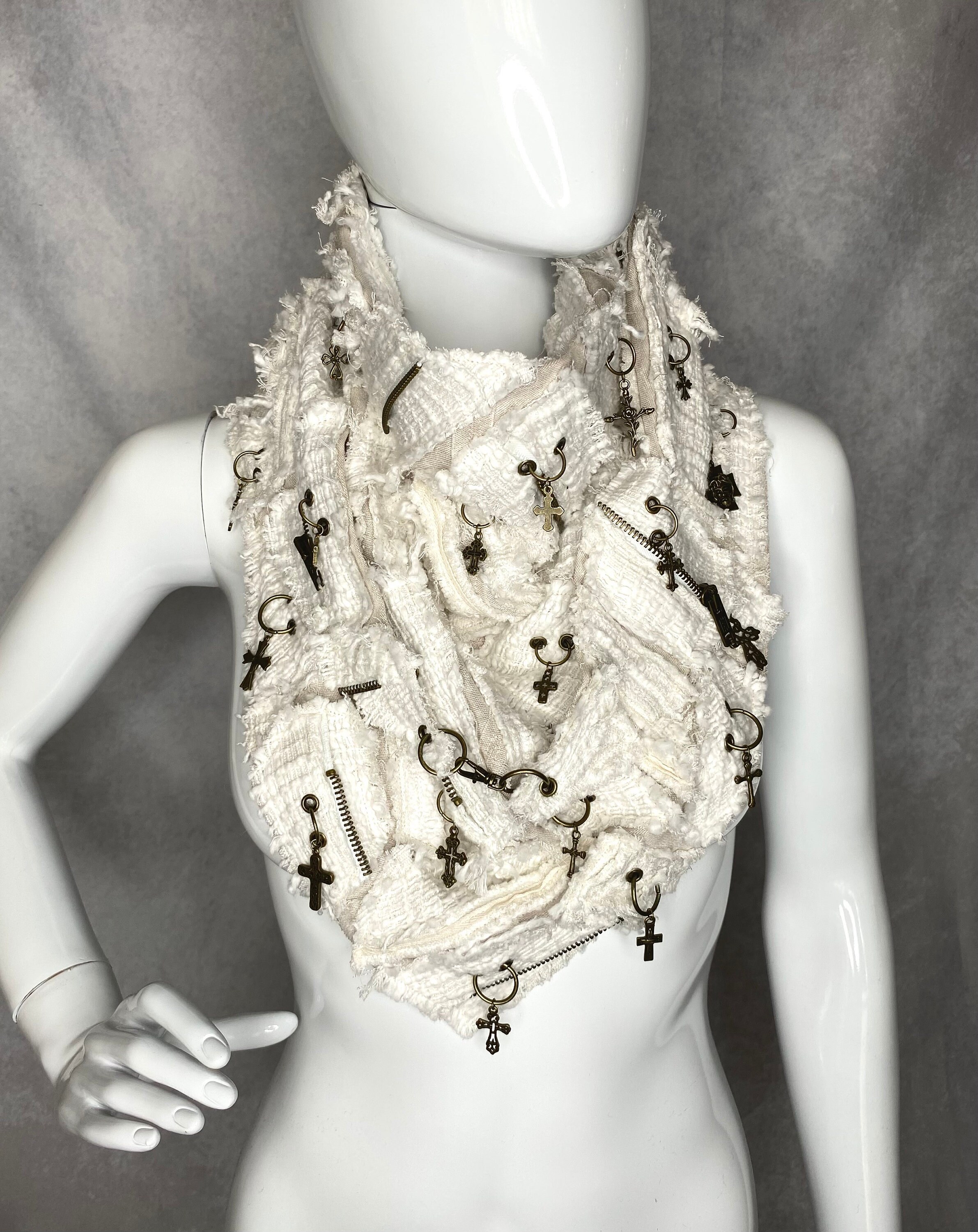 Light Beige Knitted Ripped Scarf With Bronze Crosses, Exclusive Design ...