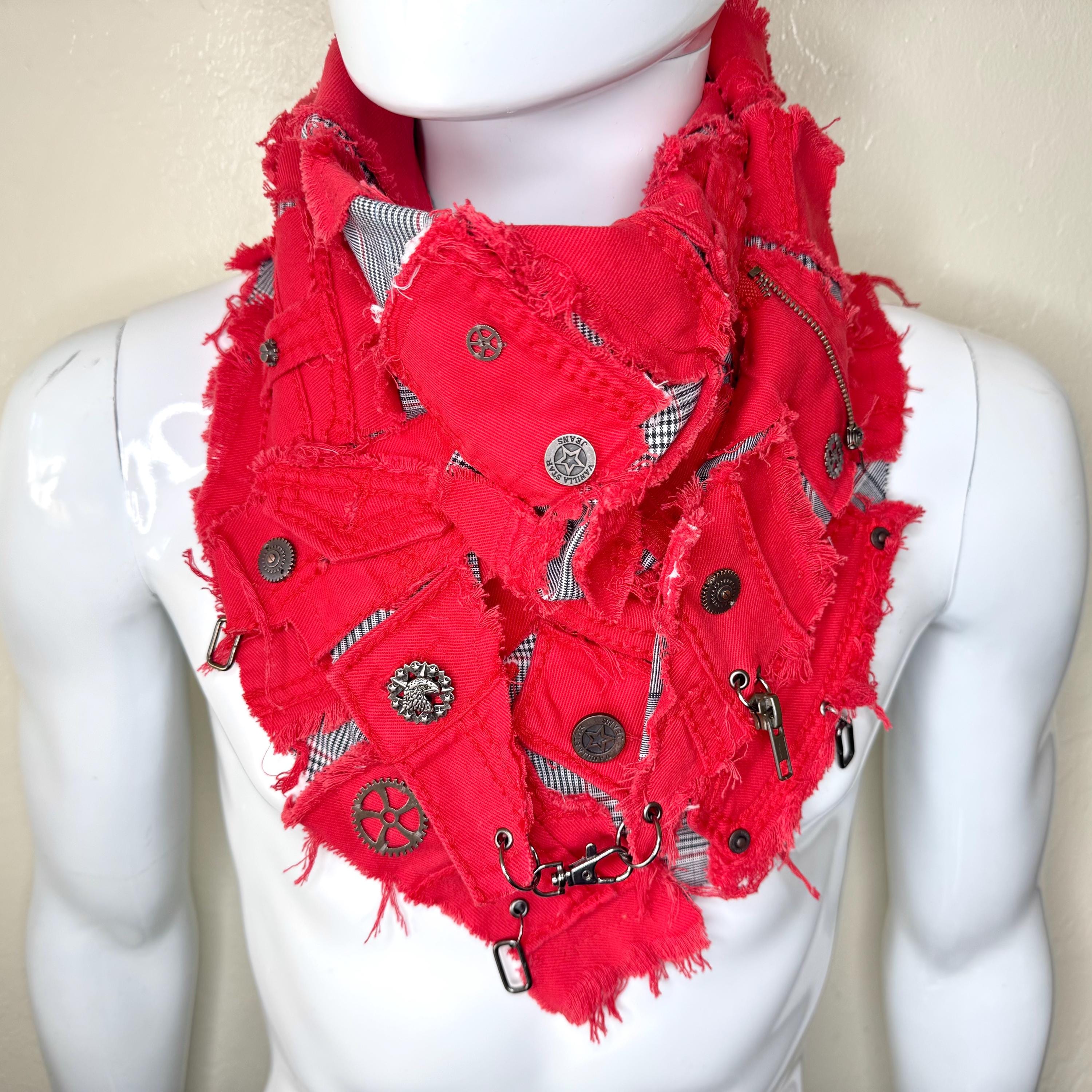 Red Ripped Denim Scarf: Punk Rock Avantgarde Burning Man Accessory - Etsy