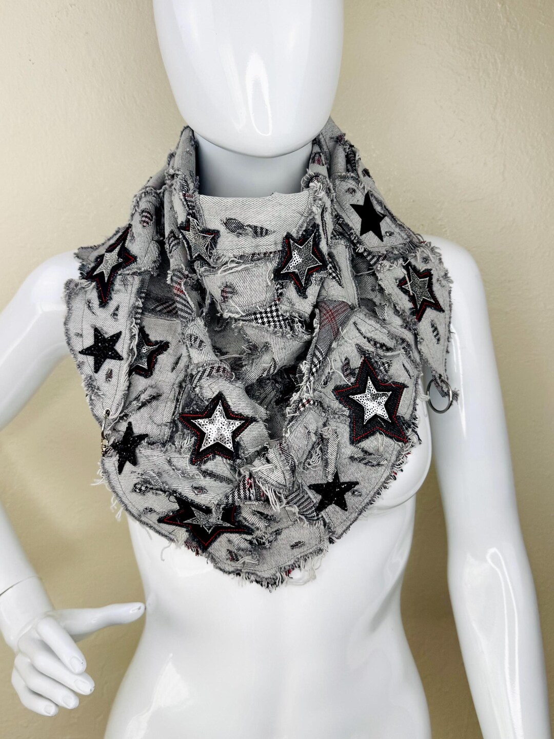 Grey Denim Ripped Scarf With Stars, Reworked Jeans, Exclusive Design ...