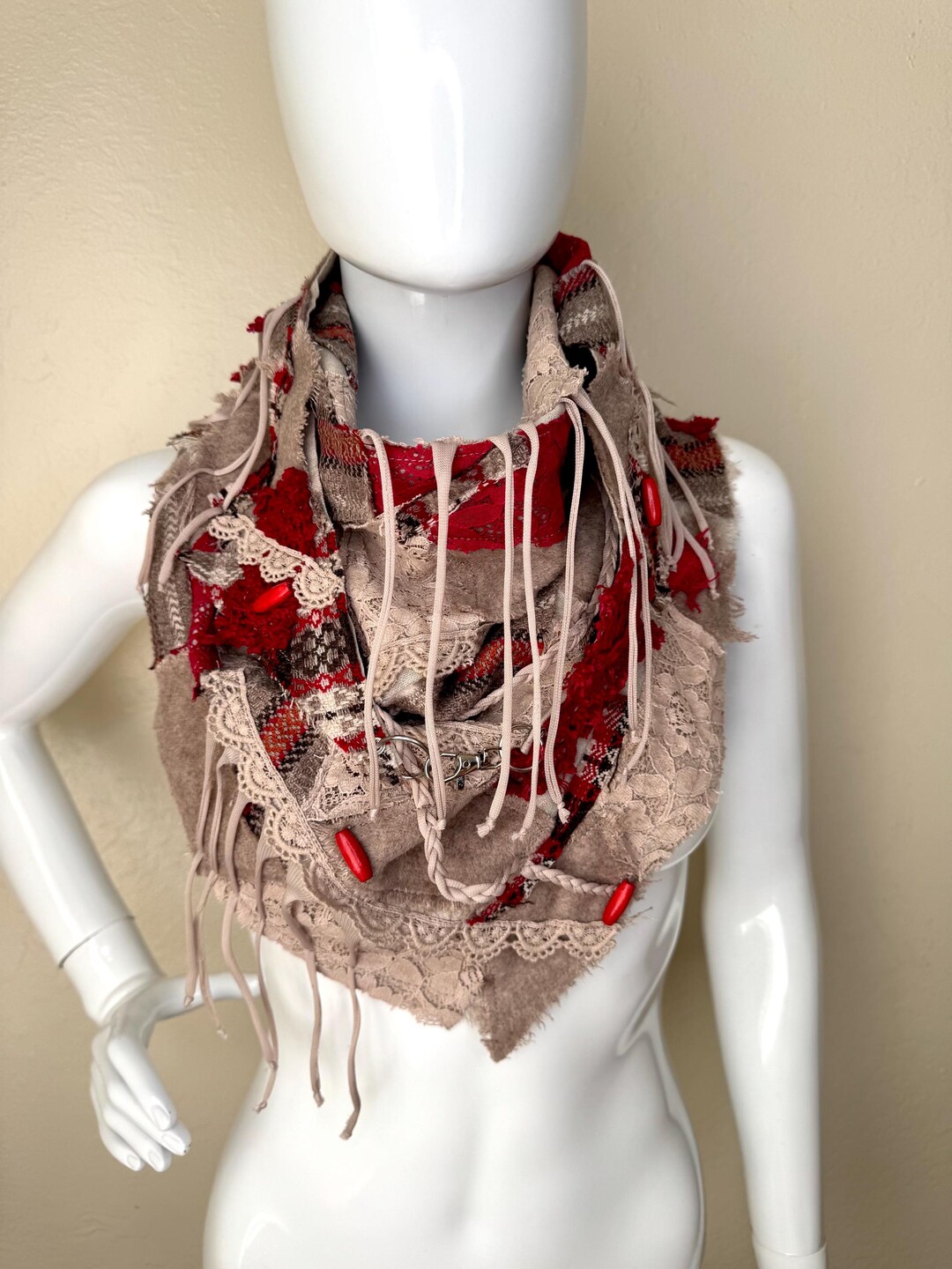 Boho Scarf, Beige Red Scarf With Lace, Exclusive Design, Unique Scarf ...