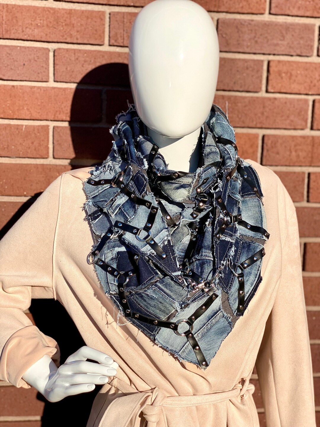 Navy Blue Denim Damaged Scarf With Black Leather Elements, Apocalyptic ...