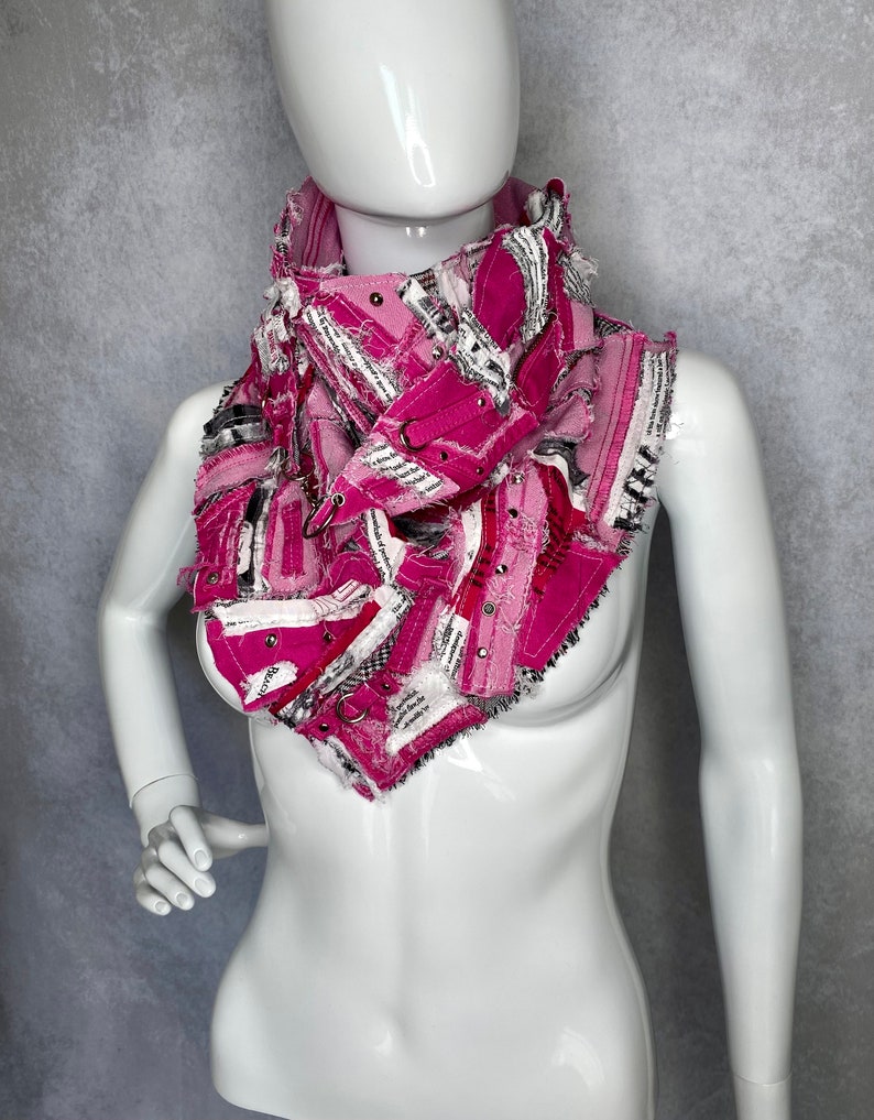 Pink Ripped Scarf, Fuchsia Damaged Denim Scarf, Reworked Jeans, Unique ...