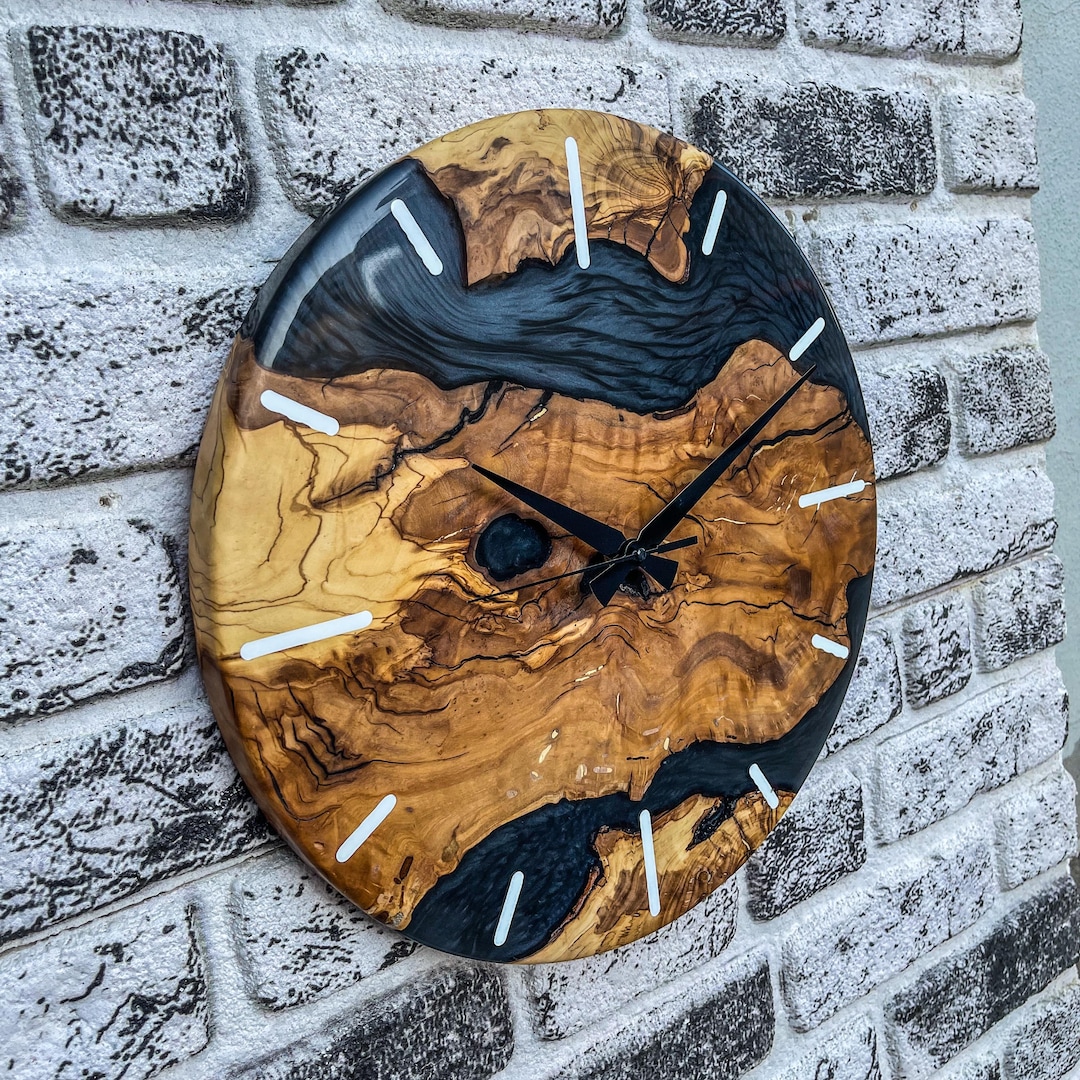 Handmade Black Epoxy & Olive Wood Wall Clock , Modern Rustic Decor ...