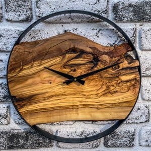 Olive Wood and Black Metal Hoop Wall Clock, Elegant and Modern Design ...