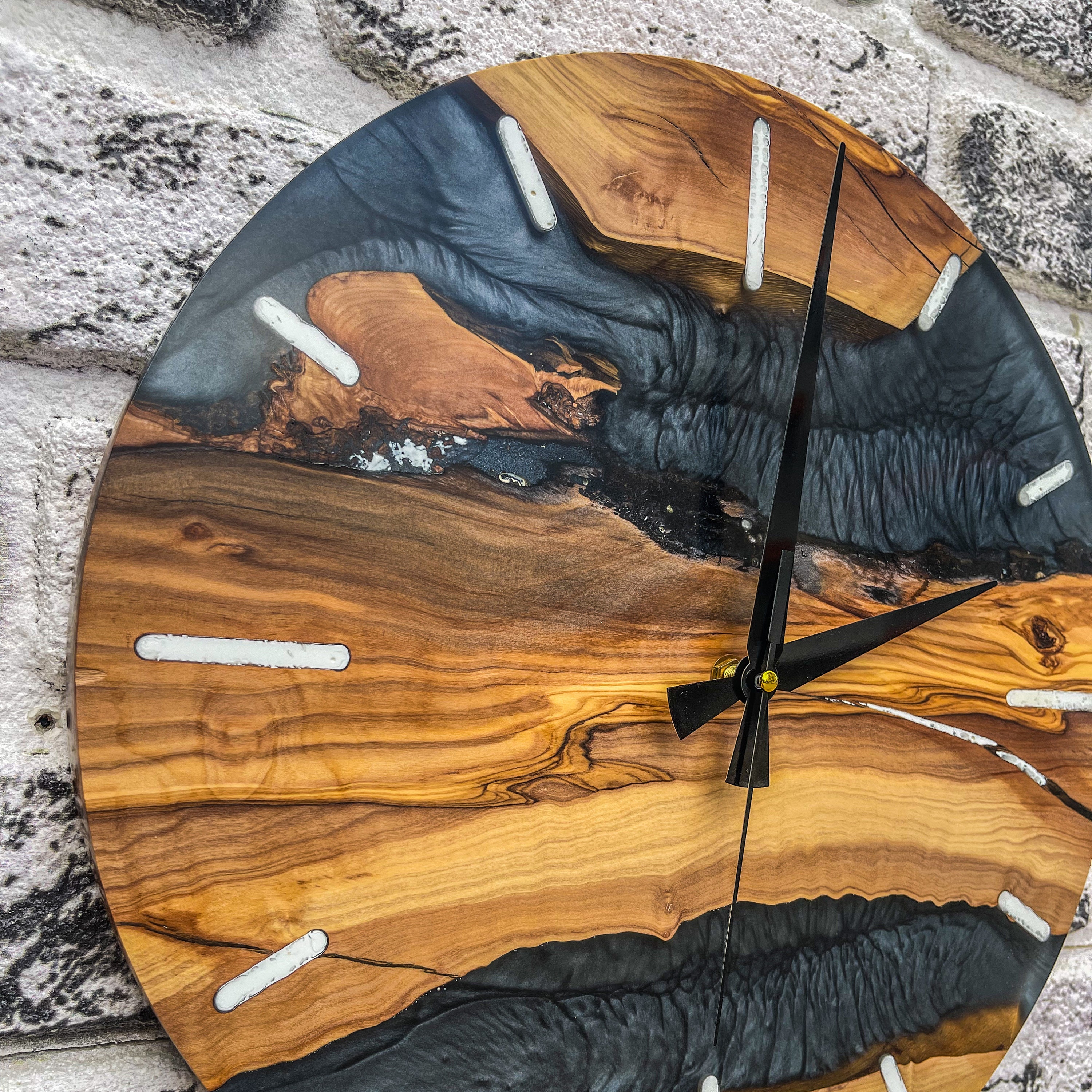 Handcrafted Olive Wood Wall Clock With Black Epoxy Resin, Modern Decor ...